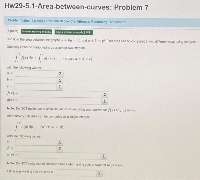 Solved Hw29-5.1-Area-between-curves: Problem 7 Problem Value | Chegg.com