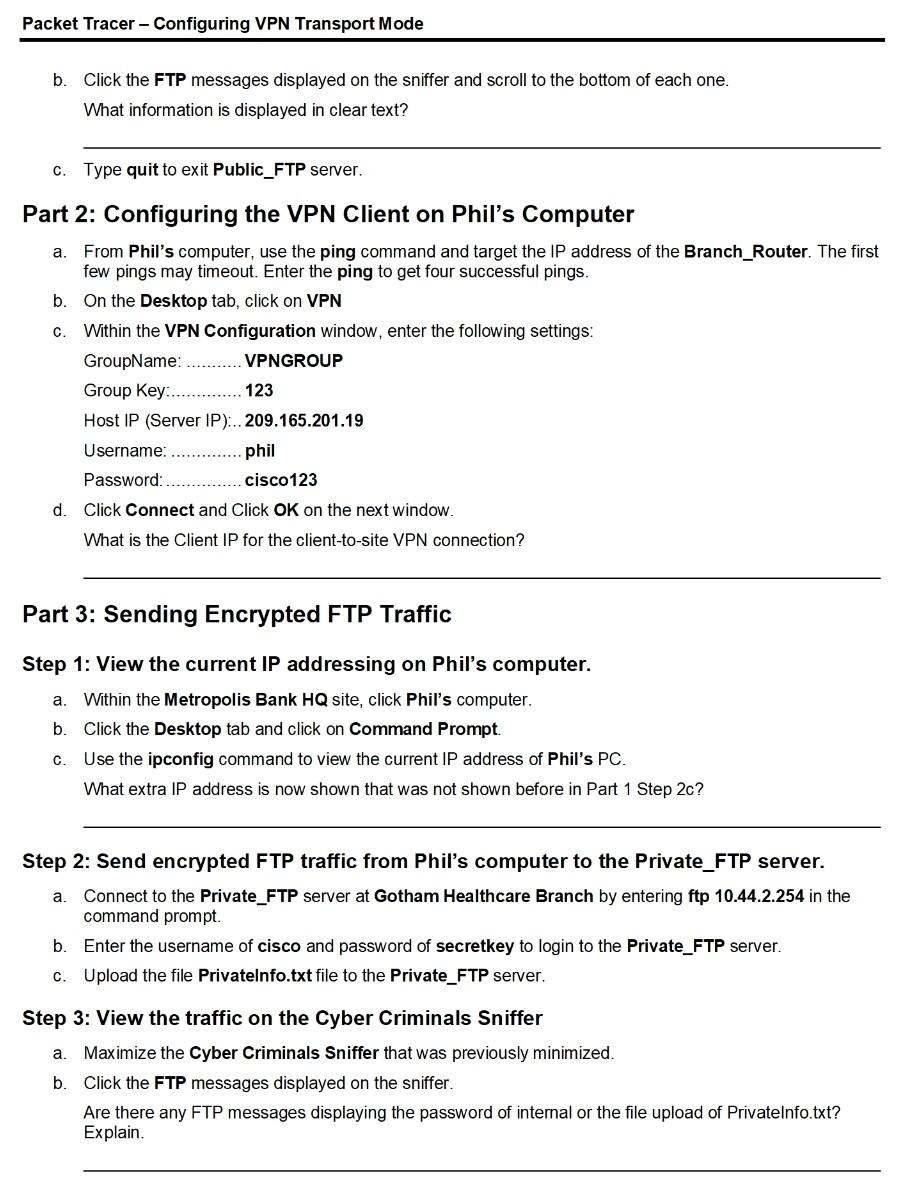 Solved Packet Tracer - Configuring VPN Transport Mode | Chegg.com