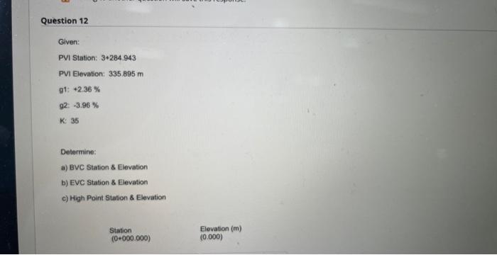 Solved Given: PVI Station: 3+284.943 PVI Elevation: 335.895 | Chegg.com