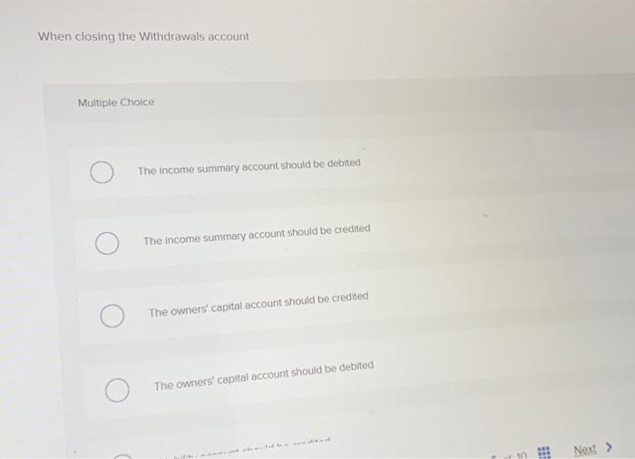 Solved When closing the Withdrawals account Multiple Choice | Chegg.com