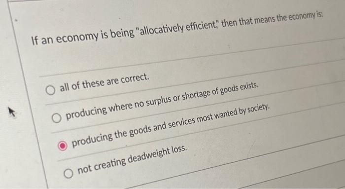 Solved If an economy is being "allocatively efficient," then | Chegg.com