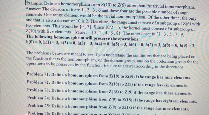 Solved Example: Define a homomorphism from Z(10) to Z(6) | Chegg.com