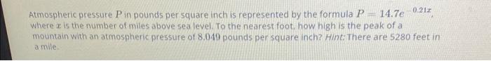 Solved Atmospheric pressure P in pounds per square inch is | Chegg.com
