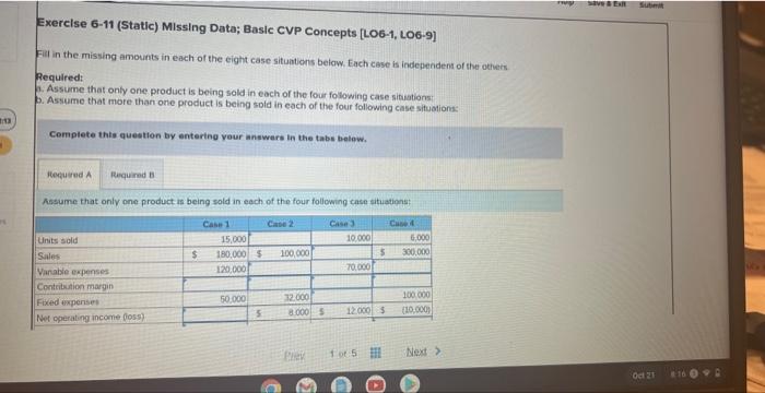 Solved Exerclse 6-11 (Static) Missing Data; Basic CVP | Chegg.com