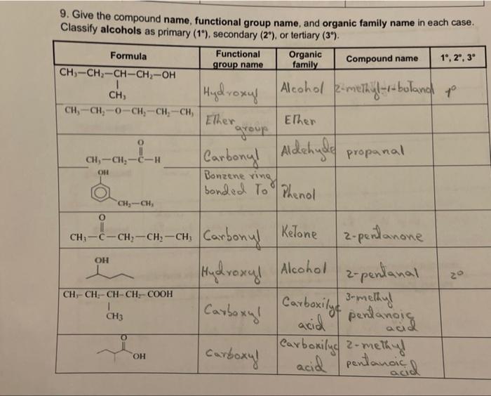 Solved 9. Give the compound name, functional group name, and | Chegg.com