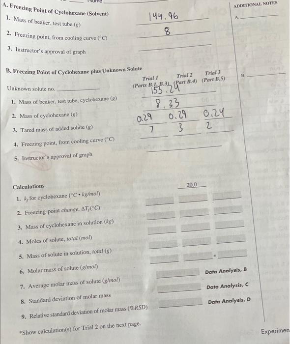 A. Freezing Point of Cyclohexane (Solvent) 1. Mass of | Chegg.com