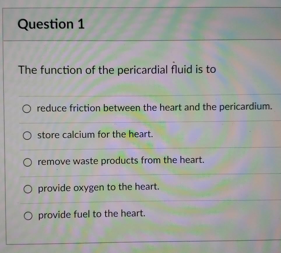Solved Question 1 The function of the pericardial fluid is | Chegg.com