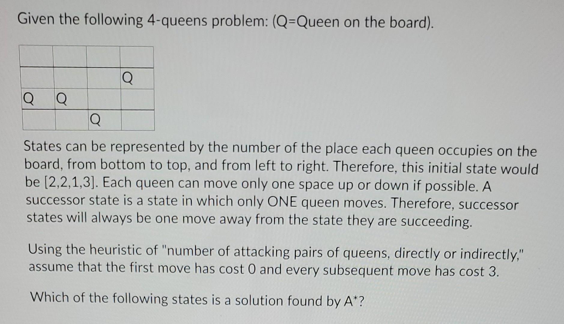 Solved Given the following 4-queens problem: (Q=Queen on the | Chegg.com