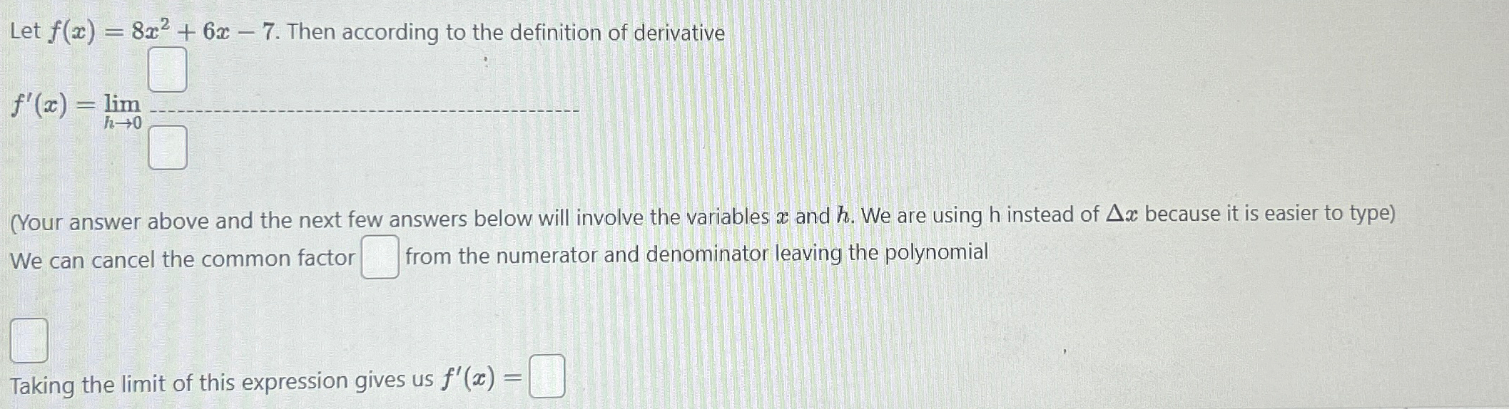 Solved Let f(x)=8x2+6x-7. ﻿Then according to the definition | Chegg.com