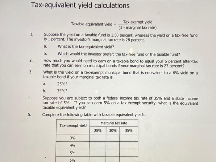 Solved Tax Equivalent Yield Calculations 1 A 2 3 Taxable