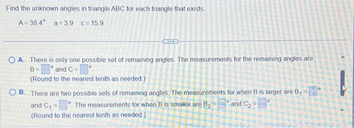 Solved Find the unknown angles in triangle ABC for each | Chegg.com