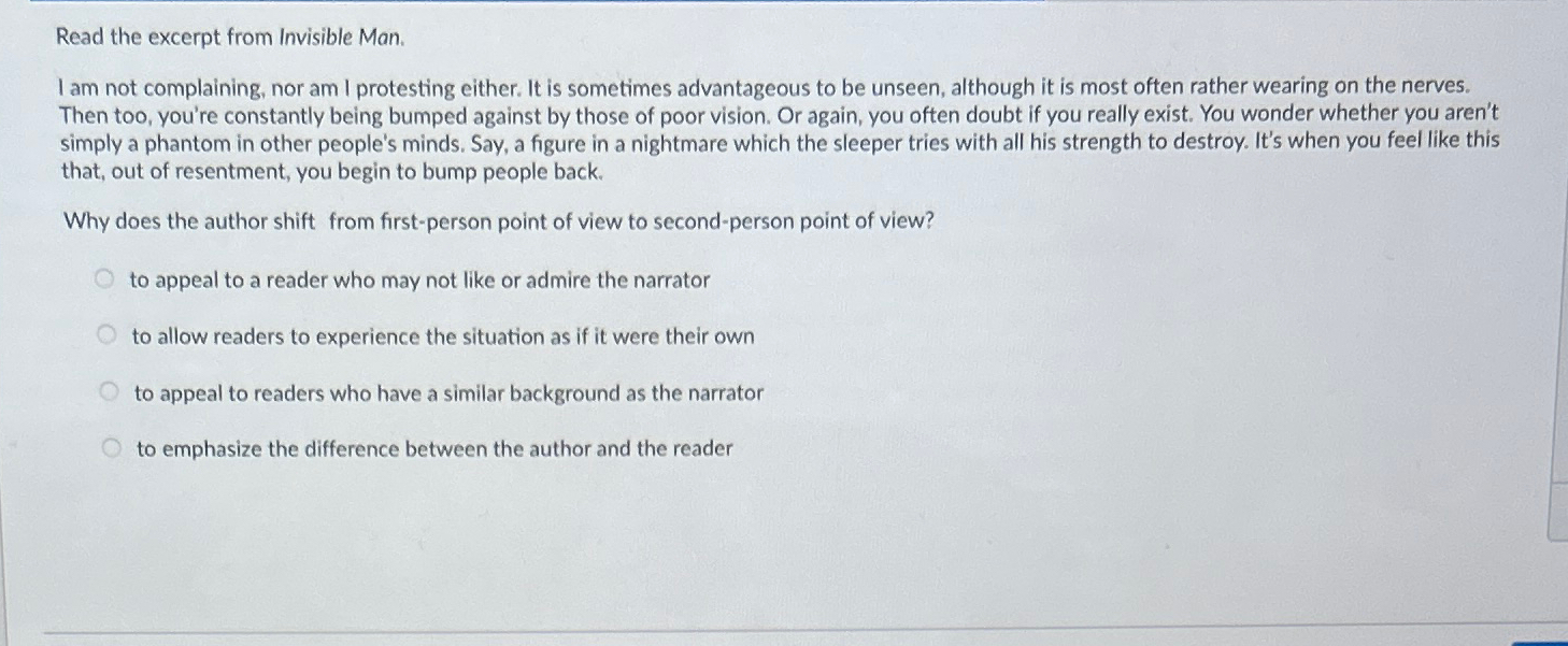 Solved Read the excerpt from Invisible Man.I am not | Chegg.com