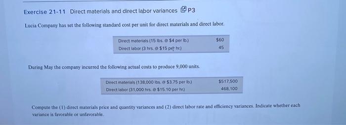 Solved Exercise 21-11 Direct materials and direct labor | Chegg.com Solved Exercise 21-11 Direct materials and direct labor | Chegg.com
