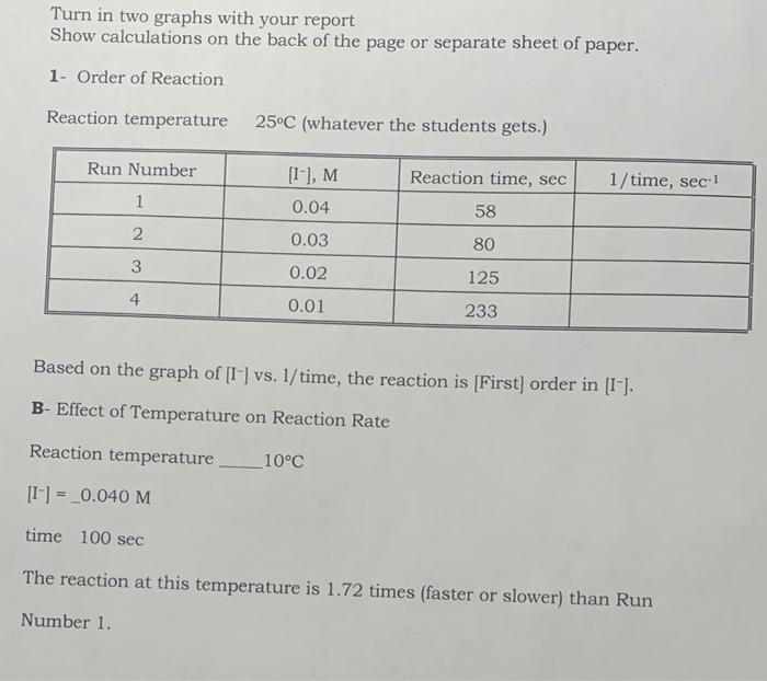 Turn in two graphs with your report Show calculations | Chegg.com