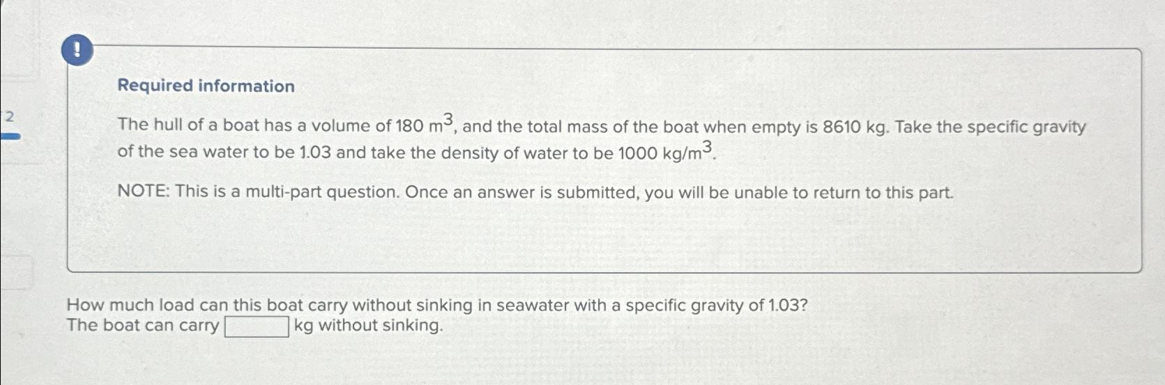 Solved !Required informationThe hull of a boat has a volume | Chegg.com