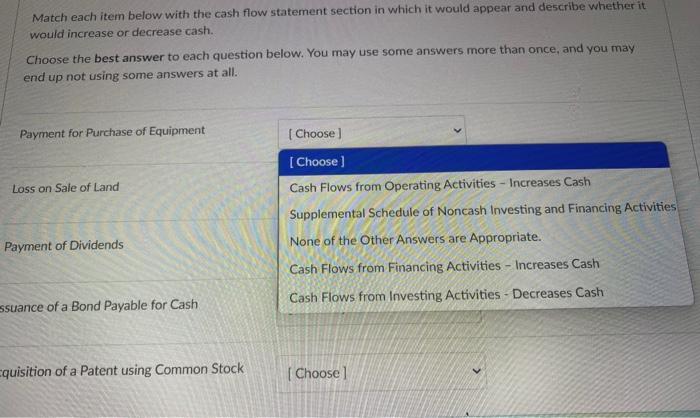 Solved Match each item below with the cash flow statement | Chegg.com