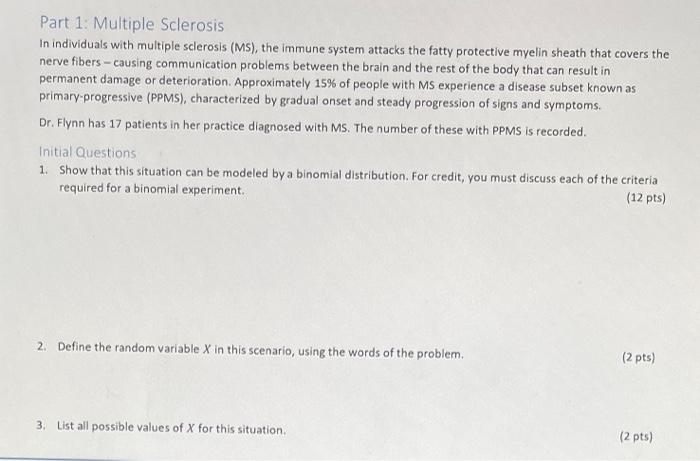 Solved Part 1: Multiple Sclerosis In individuals with | Chegg.com