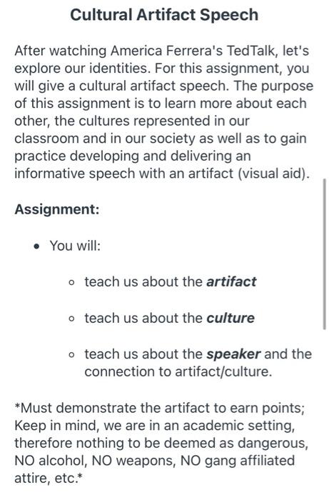 Solved Cultural Artifact Speech After watching America | Chegg.com