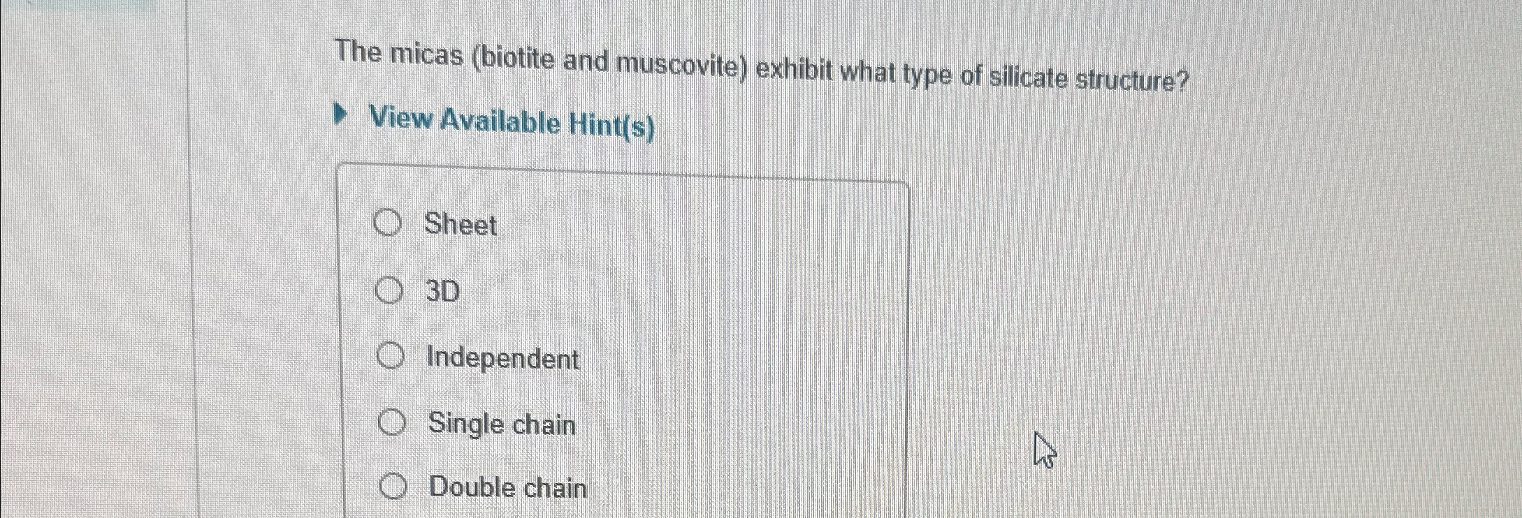 Solved The micas (biotite and muscovite) ﻿exhibit what type | Chegg.com