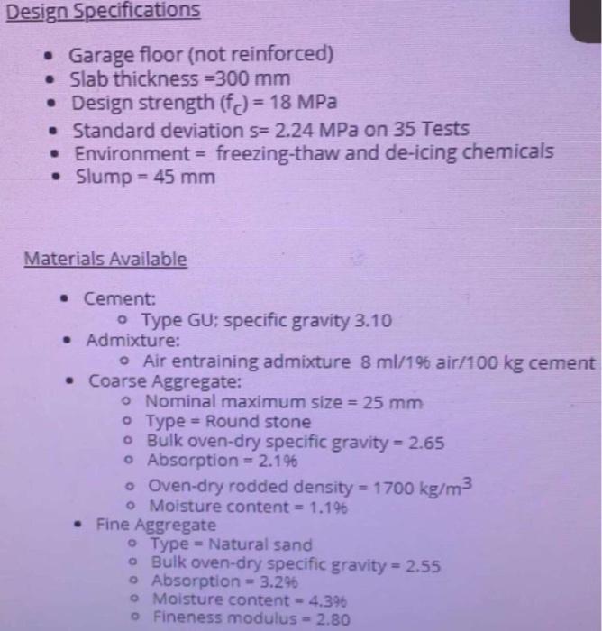 Solved Design Specifications • Garage floor (not reinforced) | Chegg.com
