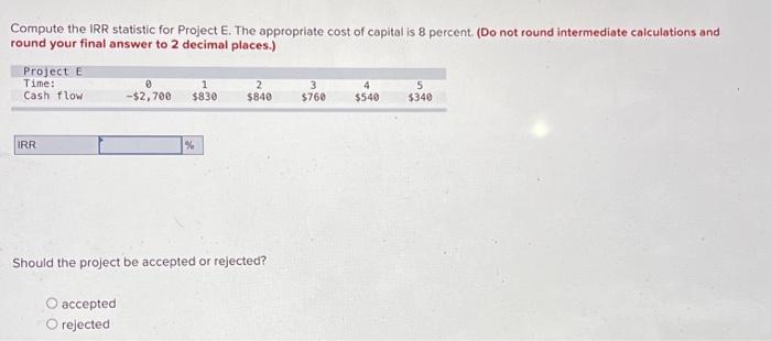 Solved Compute the IRR statistic for Project E. The | Chegg.com