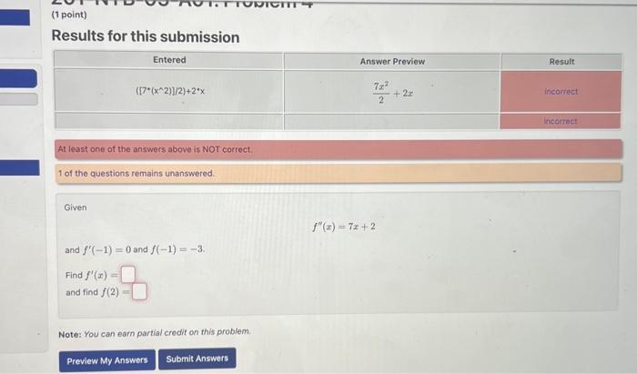 Solved Results for this submission Given f′′(x)=7x+2 and | Chegg.com