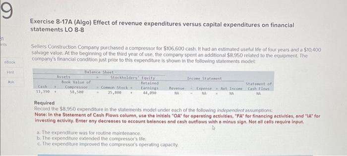 Solved Exercise 8-17A (Algo) Effect of revenue expenditures | Chegg.com