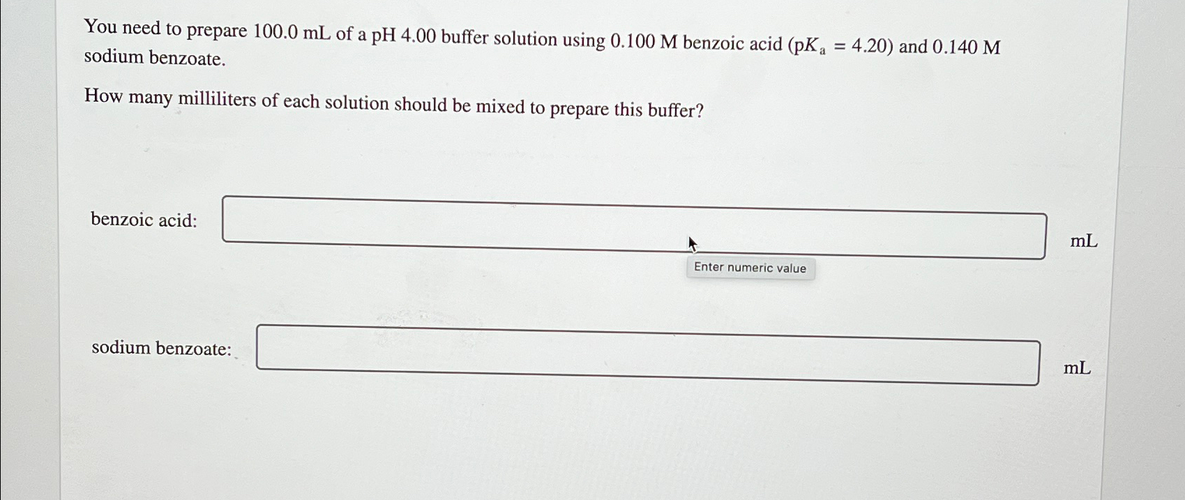 Solved You need to prepare 100.0mL ﻿of a pH 4.00 ﻿buffer | Chegg.com
