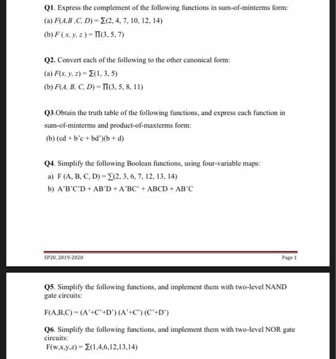 Solved Q1 Express The Complement Of The Following Functions 3492