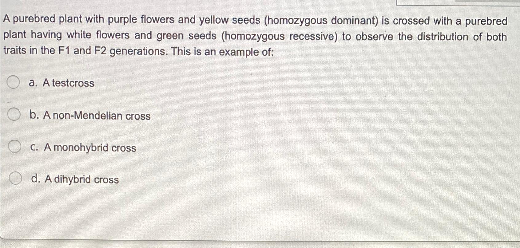 Solved A purebred plant with purple flowers and yellow seeds | Chegg.com