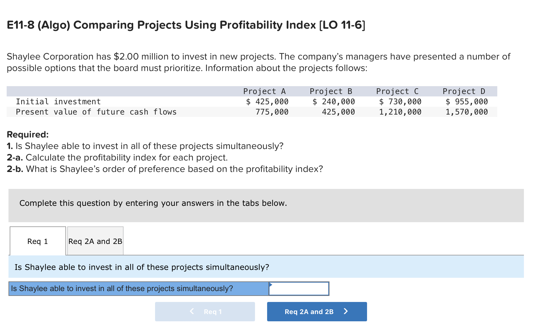 Solved E11-8 (Algo) ﻿Comparing Projects Using Profitability | Chegg.com
