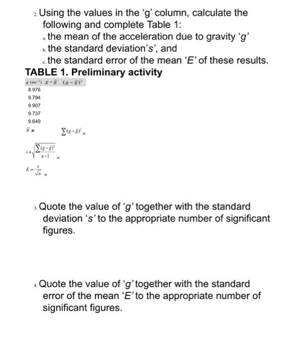 Solved 2. Using the values in the 'g' column, calculate the | Chegg.com