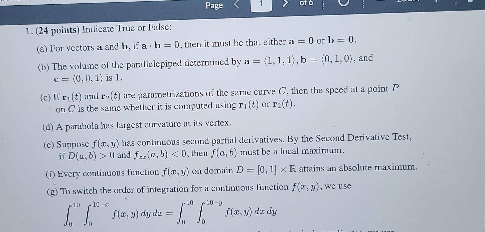 Solved 1. (24 points) Indicate True or False: (a) For | Chegg.com