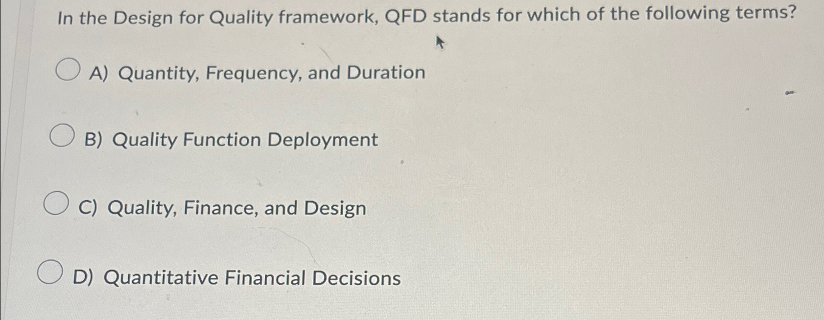 Solved In the Design for Quality framework, QFD stands for | Chegg.com