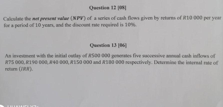 Solved Calculate the net present value (NPV) of a series of | Chegg.com
