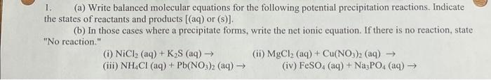 Solved 1. (a) Write balanced molecular equations for the | Chegg.com