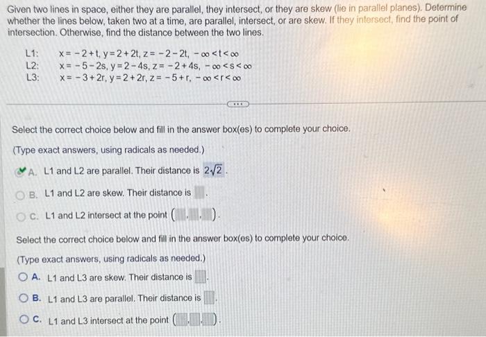 Solved Given two lines in space, either they are parallel, | Chegg.com