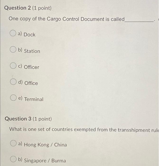 Solved Question 2 (1 point) One copy of the Cargo Control | Chegg.com