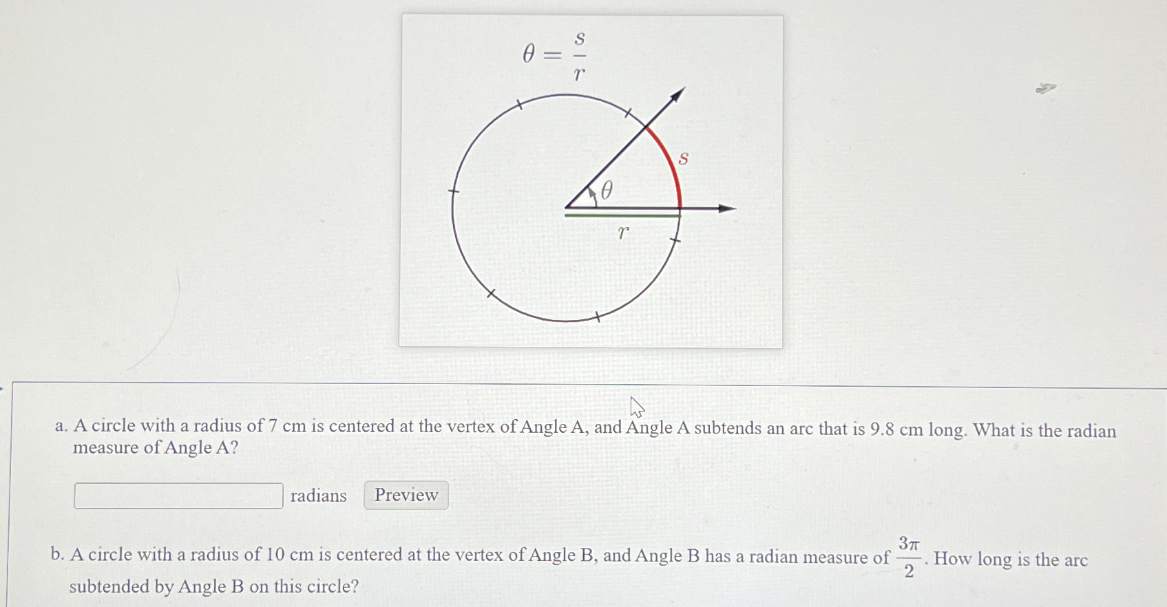 Solved a. ﻿A circle with a radius of 7cm ﻿is centered at the | Chegg.com