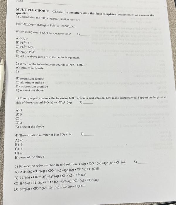 Solved Name MULTIPLE CHOICE. Choose the one alternative that | Chegg.com