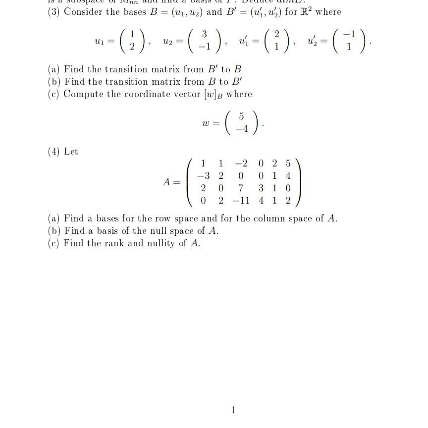Solved (3) Consider the bases B = (uj, u2) and B' = (u1, ug) | Chegg.com