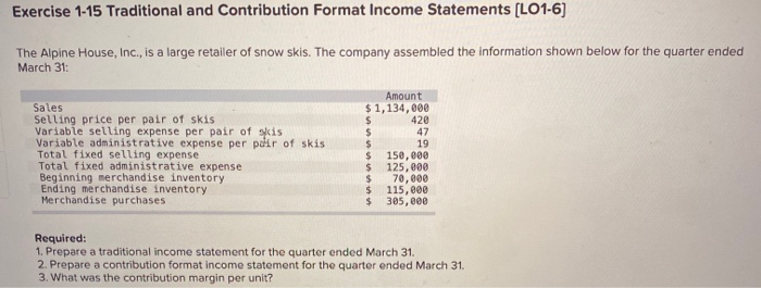 Solved Exercise 1-15 Traditional and Contribution Format | Chegg.com