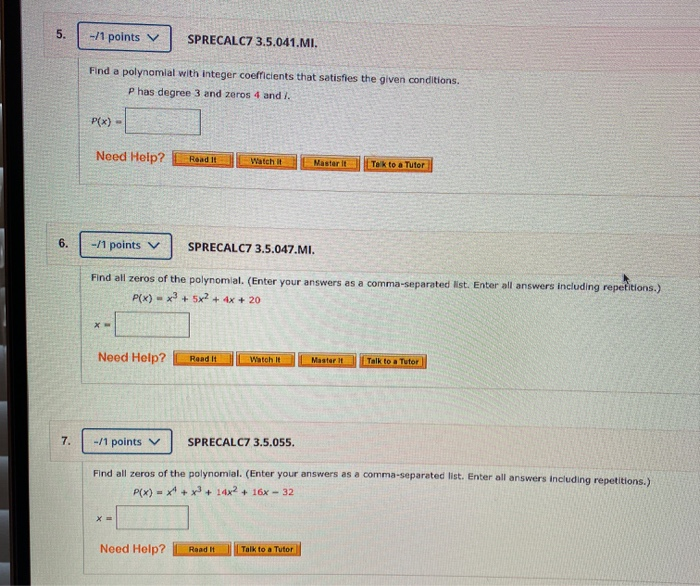 Solved -/1 points v SPRECALC7 3.5.041.MI. Find a polynomial | Chegg.com