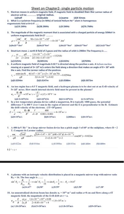 Solved Sheet on Chapter2-single particle motion 1. Electron | Chegg.com