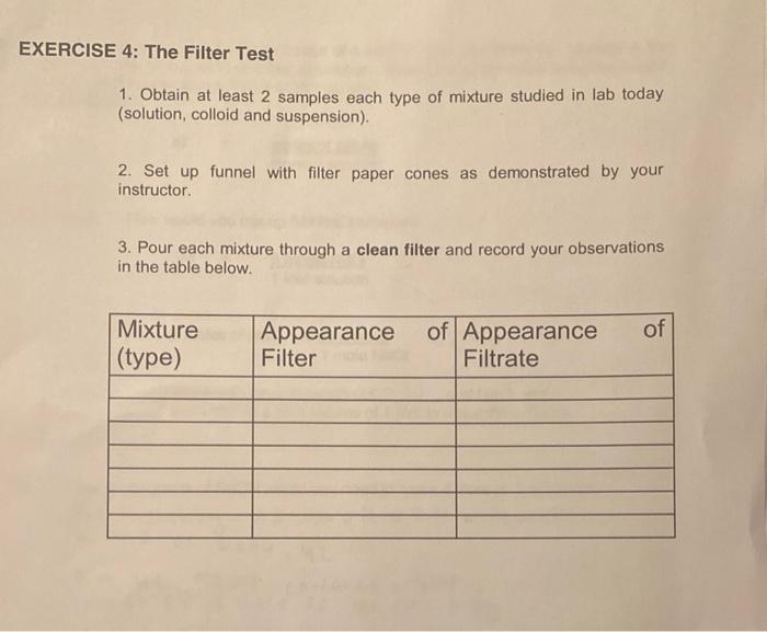 Solved EXERCISE 4: The Filter Test 1. Obtain at least 2 | Chegg.com