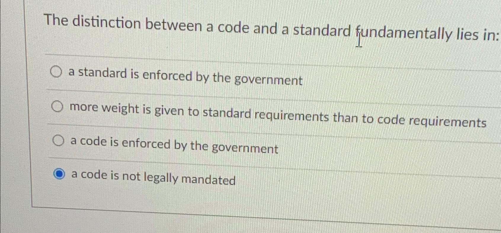 Solved The distinction between a code and a standard | Chegg.com