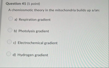 Solved Question 41 (1 ﻿point)A chemiosmotic theory in the | Chegg.com