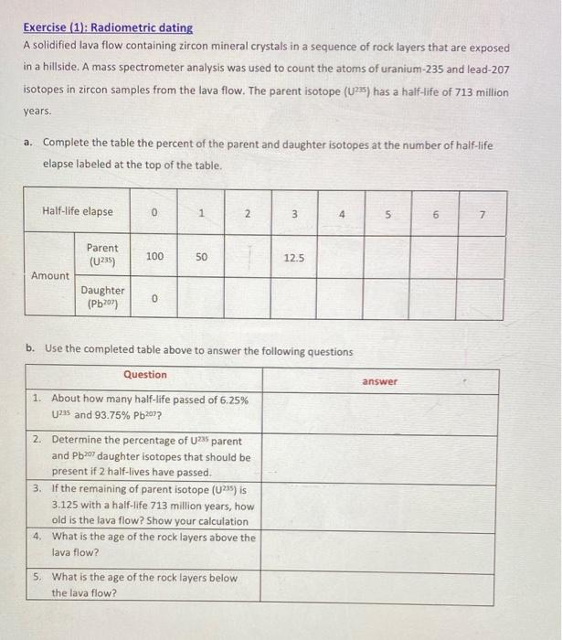 Solved Exercise (1): Radiometric dating A solidified lava | Chegg.com