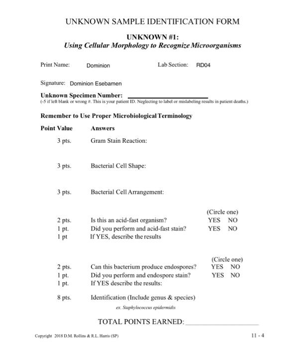 Solved UNKNOWN SAMPLE IDENTIFICATION FORM UNKNOWN \#1: Using | Chegg.com
