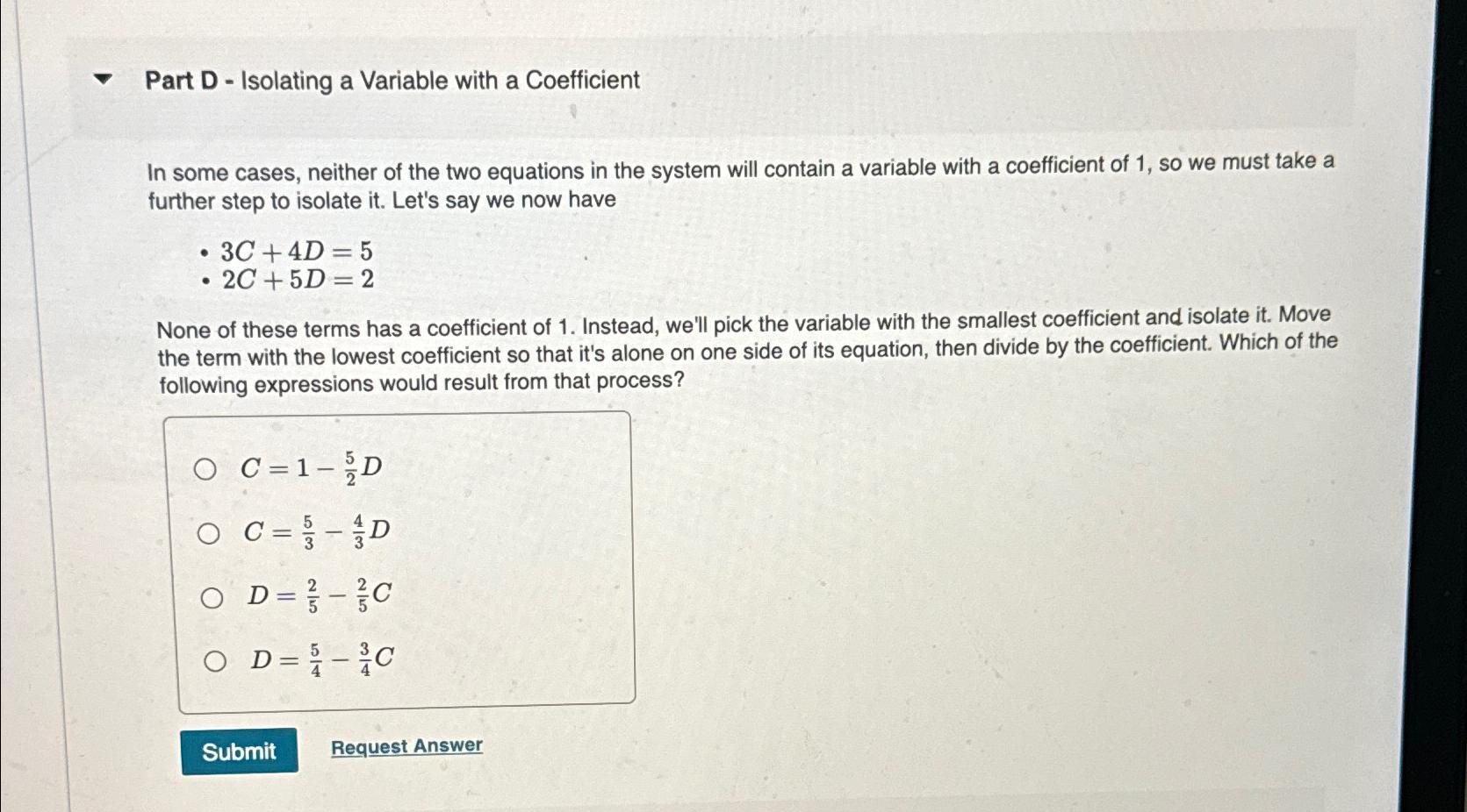 Solved Part D - ﻿Isolating a Variable with a CoefficientIn | Chegg.com